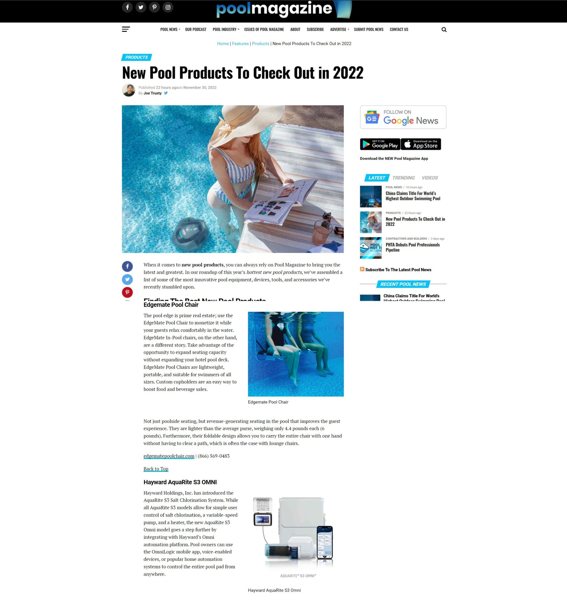 Pool Magazine - EdgeMate Pool Chair